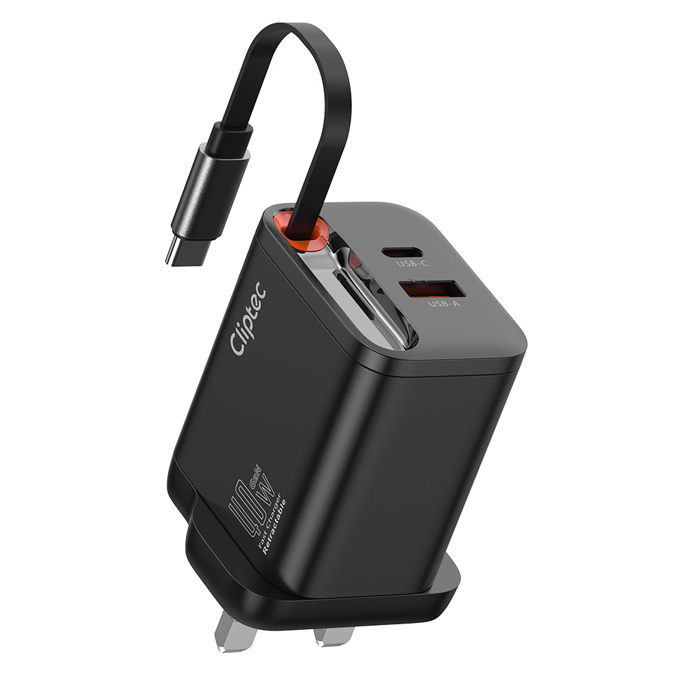 CLIPTEC MCU366 40W GAN DUAL PORTS FAST CHARGER WITH RETRACTABLE TYPE-C CABLE (CABLE+C+A) - BLACK