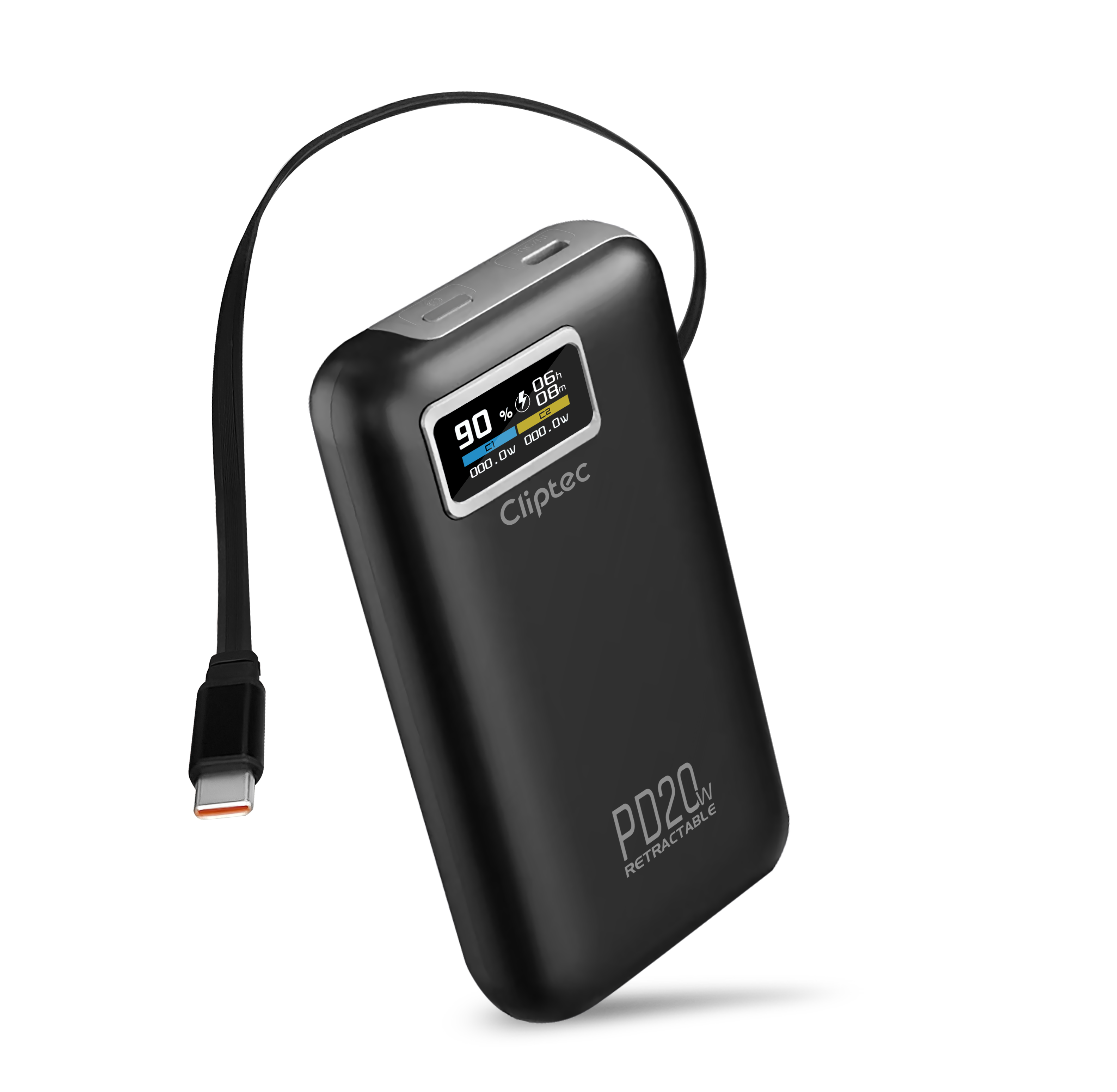 CLIPTEC MPB240 10000MAH PD20W FAST CHARGING TFT DISPLAY POWER BANK WITH RETRACTABLE TYPE-C - BLACK