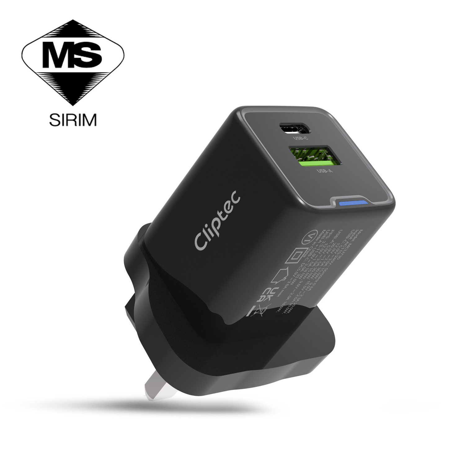 CLIPTEC MCU733CA 33W GAN PD+QC3.0 DUAL PORT FAST CHARGER - BLACK